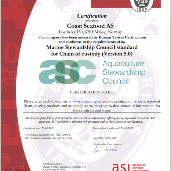 Certificates - Coast Seafood