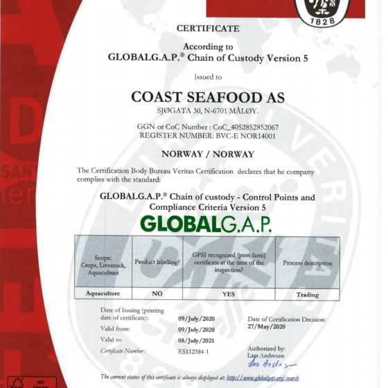 Certificates - Coast Seafood